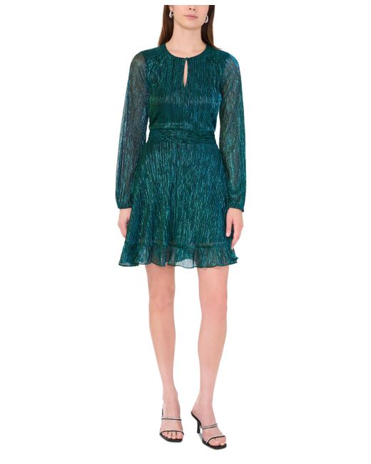Msk Petite Plisse Keyhole-neck Metallic-sheen Dress in Green | Lyst
