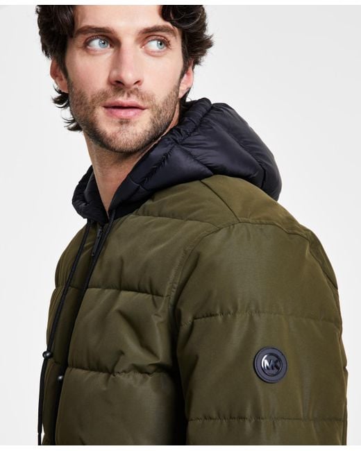 Michael Kors Hooded Puffer Bomber Jacket in Green for Men | Lyst