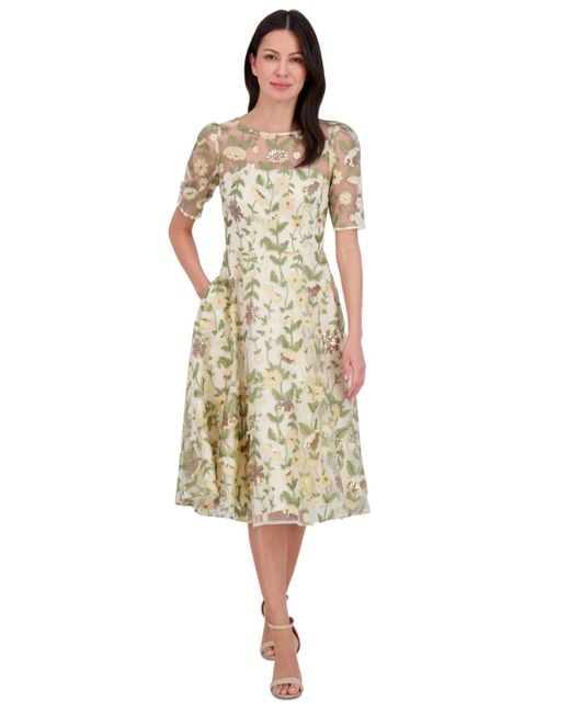 Eliza J Embroidered Puff-sleeve Fit & Flare Midi Dress in Yellow | Lyst