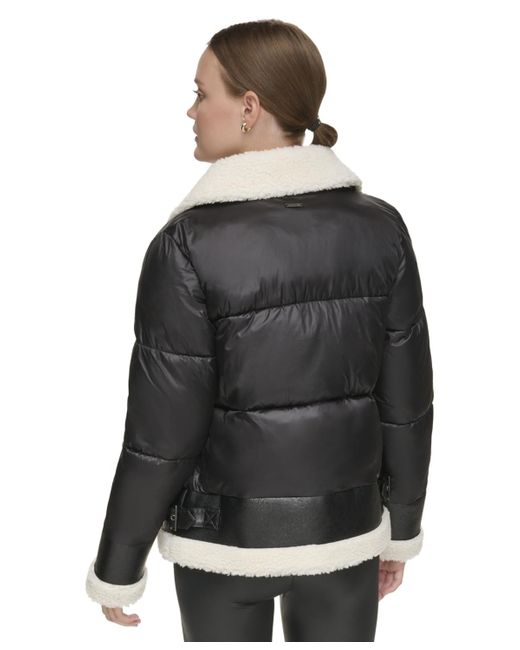 Andrew Marc Sport Mixed Puffer Jacket With Faux Leather And Sherpa Trim ...