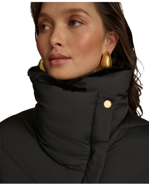 Donna Karan Faux-fur-trim Puffer Coat in Black | Lyst