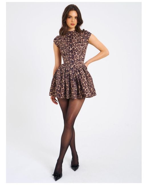 Miss Circle Jacqueline Backless Cheetah Print Mini Puffy Dress in Brown ...