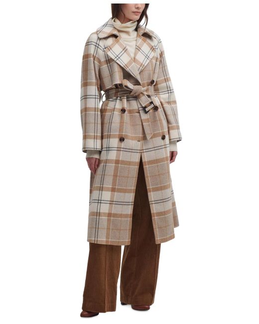 Barbour Claudette Belted Plaid Double-breasted Coat in Natural | Lyst