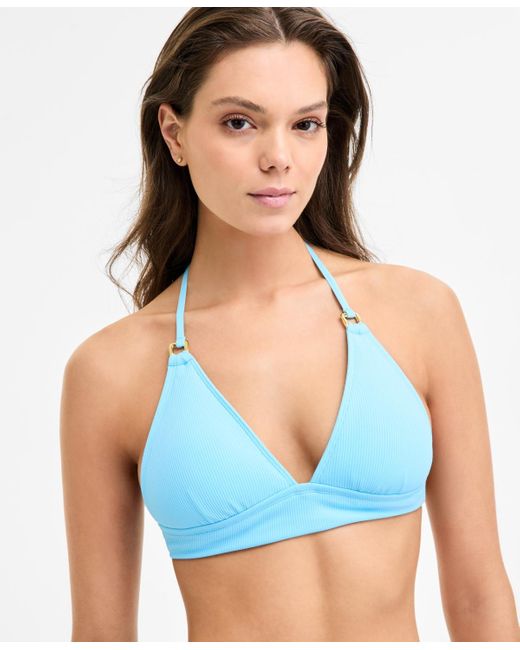 Becca Modern Edge Textured Rib Halter Bikini Top in Blue | Lyst