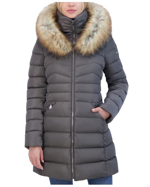 Laundry by Shelli Segal Faux-fur-trim Hooded Puffer Coat in Gray | Lyst