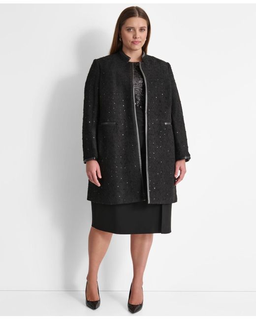 DKNY Faux-leather-trim Textured Coat in Black | Lyst DKNY Faux-leather-trim Textured Coat in Black | Lyst