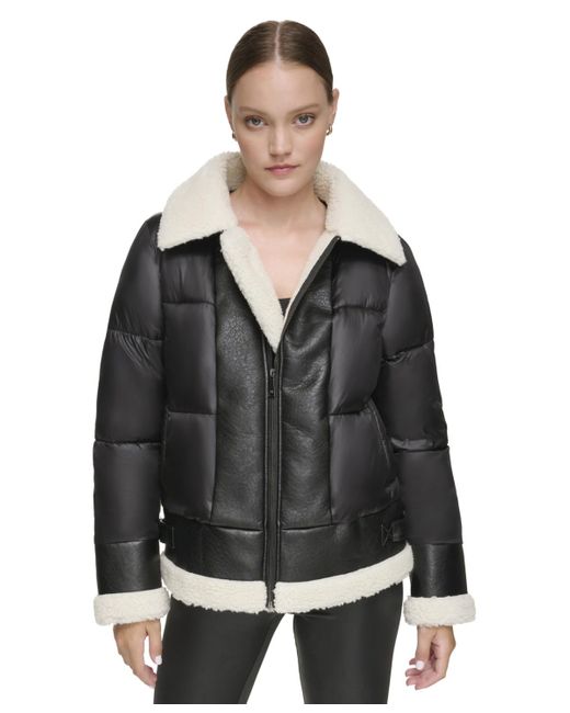 Andrew Marc Sport Mixed Puffer Jacket With Faux Leather And Sherpa Trim ...