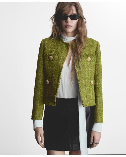 Mango Jewel Buttons Tweed Jacket in Green | Lyst
