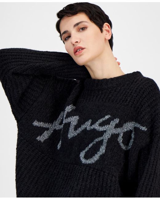HUGO Metallic-logo Oversized Crewneck Sweater in Blue | Lyst