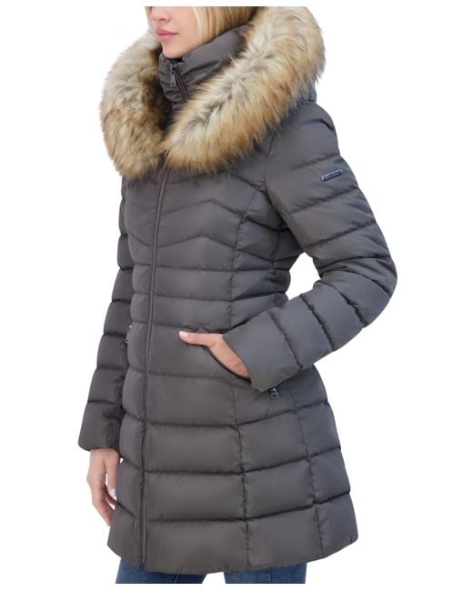 Laundry by Shelli Segal Faux-fur-trim Hooded Puffer Coat in Gray | Lyst
