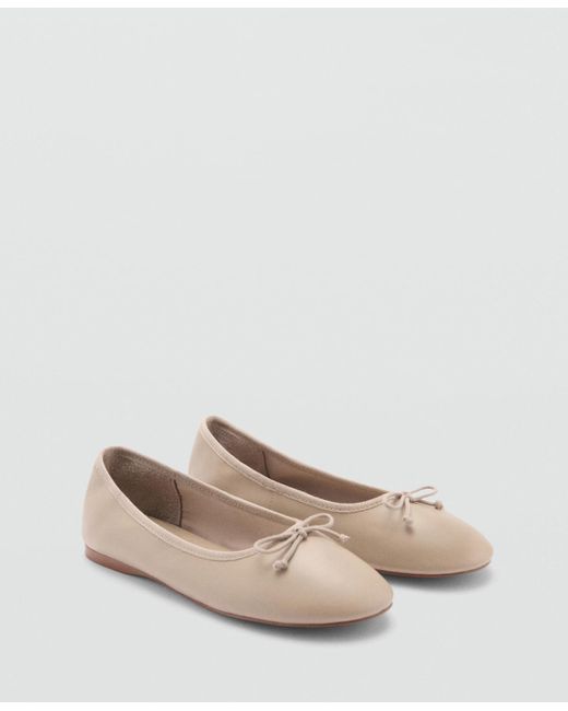 Mango Bow Detail Leather Ballet Flats in Natural | Lyst