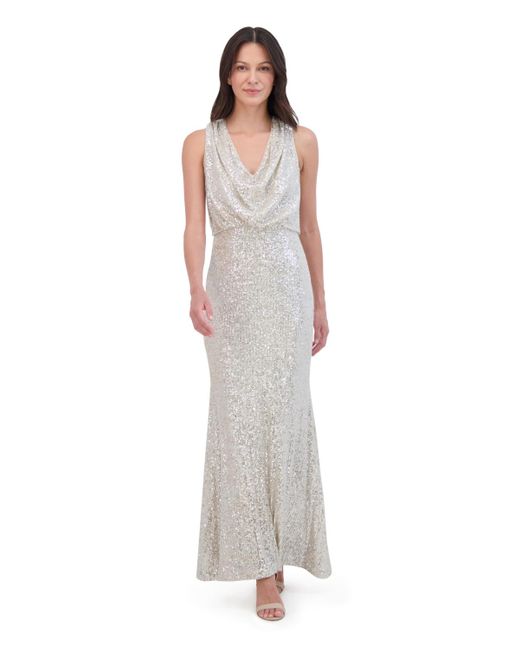 Eliza J Petite Sleeveless Cowl Neck Sequin Long Gown in White | Lyst