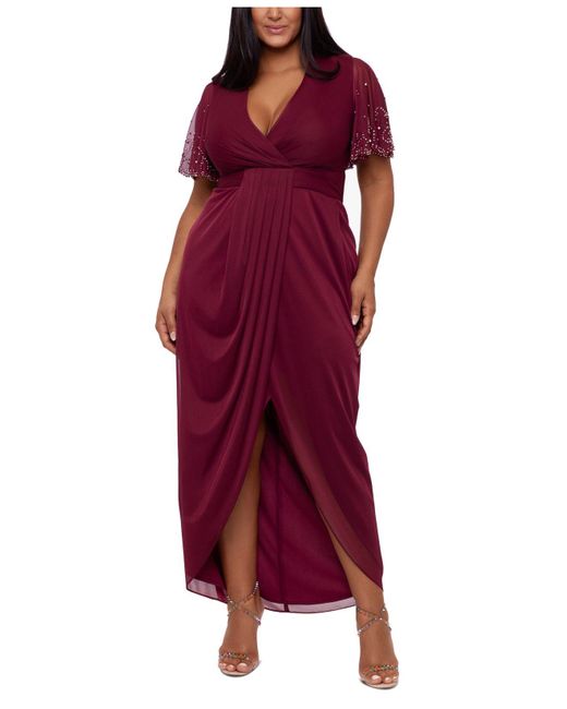 Betsy And Adam Synthetic Plus Size Embellished Faux Wrap Dress In Red