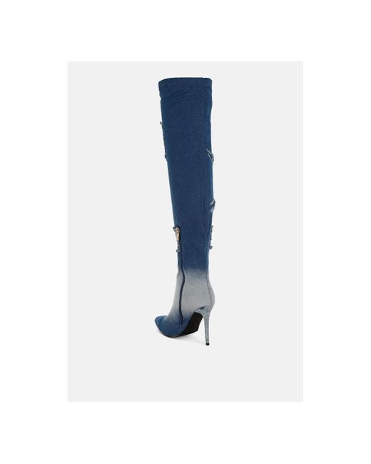LONDON RAG Eilish Rhinestones Knee High Denim Boots in Blue | Lyst