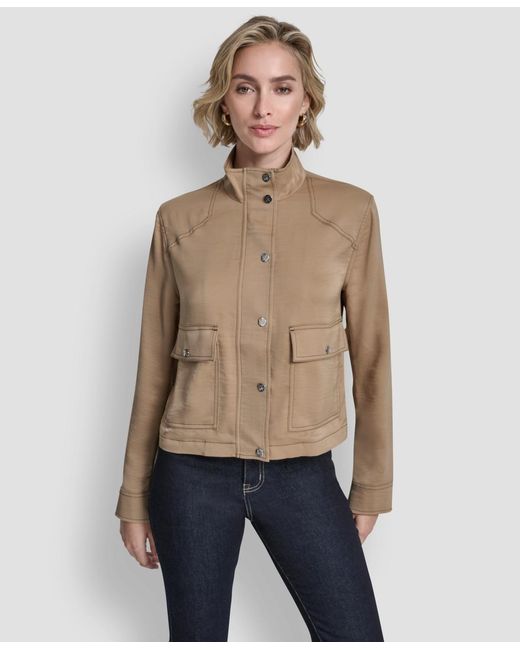 DKNY Top Stitch Glazed High Mock Neck Dressing Jacket in Natural | Lyst