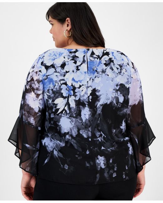 Kasper Plus Size Cascading Floral Ruffle-sleeve Blouse in Blue | Lyst