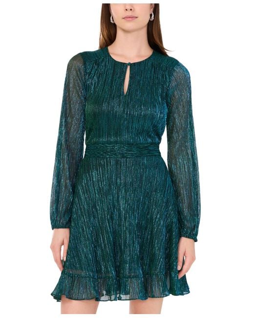 Msk Petite Plisse Keyhole-neck Metallic-sheen Dress in Green | Lyst
