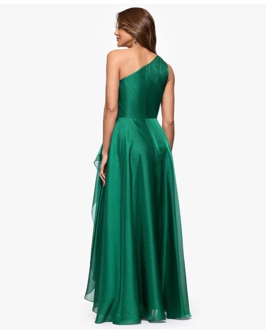 Xscape Metallic Draped One-shoulder Gown in Green | Lyst
