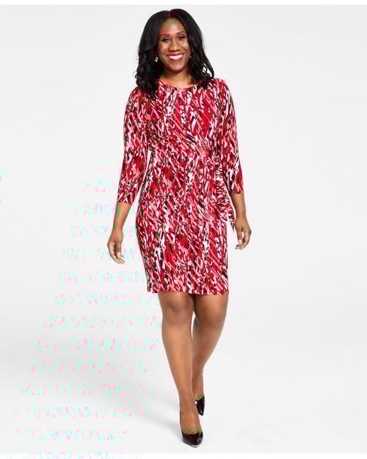 Kasper Synthetic Anise Abstract Print Faux Wrap Dress In Crimson Combo