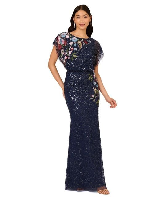 Adrianna Papell Petite Beaded Mermaid Long Dress in Blue | Lyst