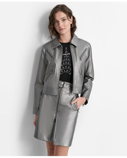 DKNY Metallic Faux-leather Moto Jacket in Gray | Lyst