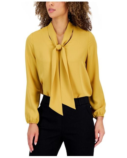 Kasper Synthetic Long Sleeve Bow Blouse In Marigold Yellow Lyst