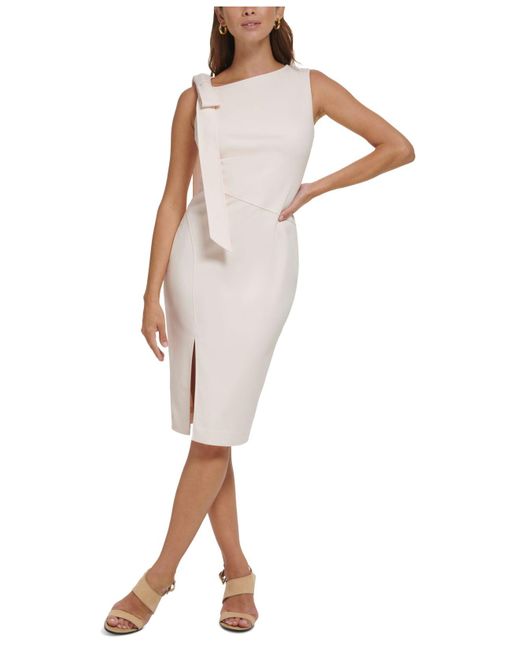 Calvin Klein Sleeveless Bow Shoulder Scuba Crepe Sheath Dress In White