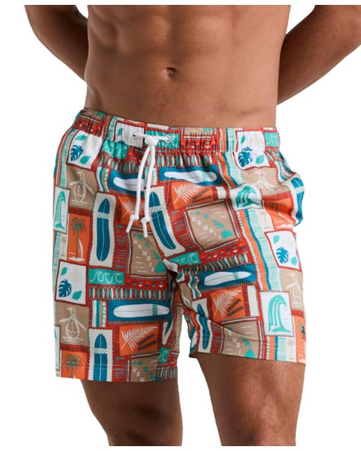 Original Penguin Slim Fit Surf Print Drawstring 7" Swim Trunks in Blue ...