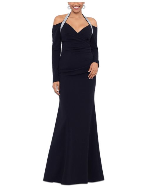 Betsy And Adam Rhinestone Halter Neck Long Dress In Blue Lyst