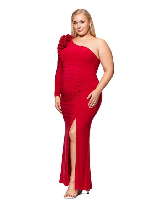 Xscape Plus Size Ruffled One-shoulder Jersey Gown in Red | Lyst