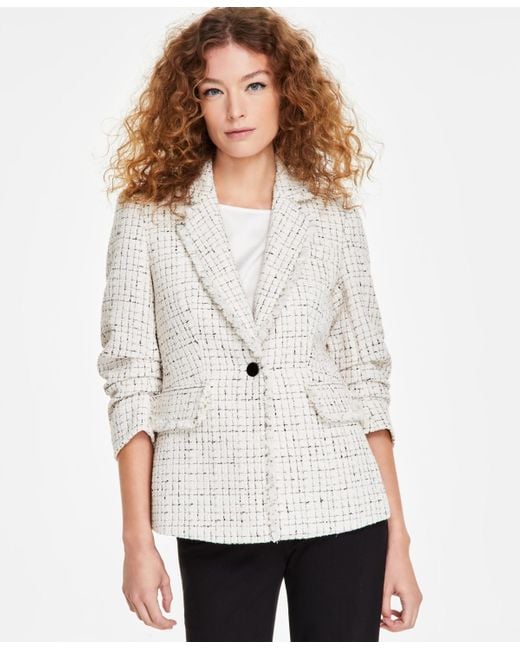 Anne Klein Tweed Fringe Scrunch-sleeve Blazer in White | Lyst