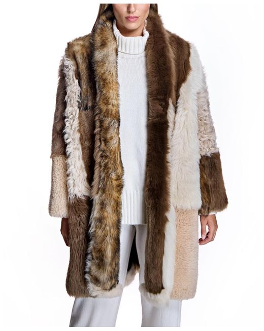 Julia & Stella By Maximilian Patchwork Shearling Coat in Brown | Lyst