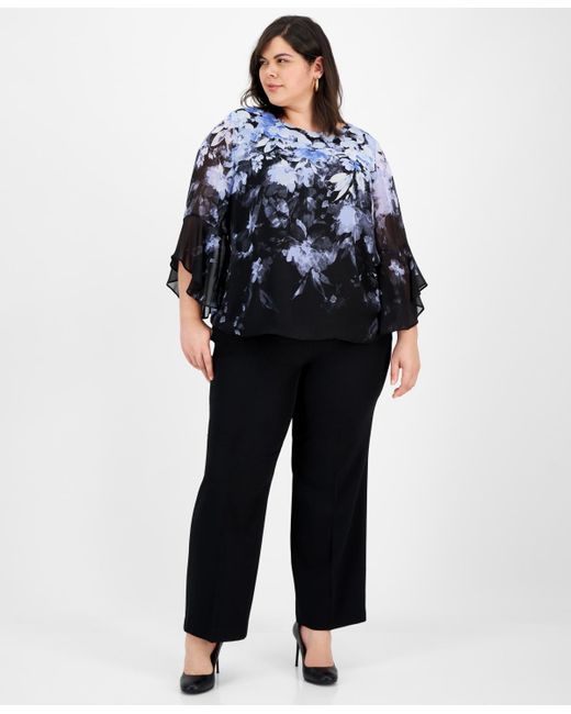 Kasper Plus Size Cascading Floral Ruffle-sleeve Blouse in Blue | Lyst