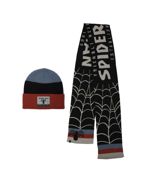 Heroes & Villains And Spider-man Scarf & Cuffed Knit Hat Set in Black ...