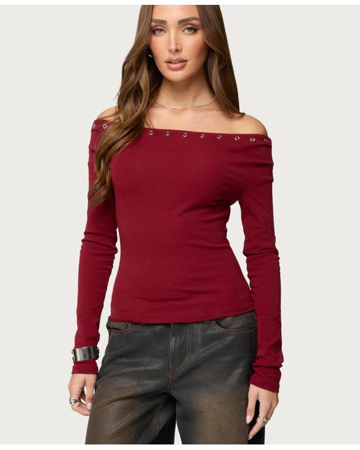Edikted Rebekka Grommet Off Shoulder Top in Red | Lyst