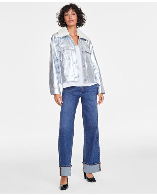 On 34th Solid Metallic Faux-leather Jacket in Blue | Lyst