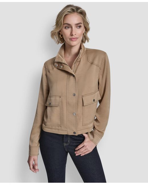 DKNY Top Stitch Glazed High Mock Neck Dressing Jacket in Natural | Lyst