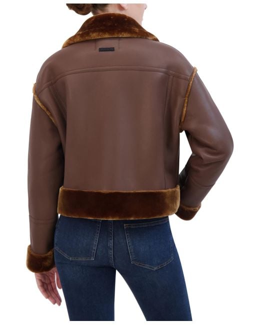 Hudson Jeans Cropped Faux Leather Shearling Aviator Jacket in Brown | Lyst