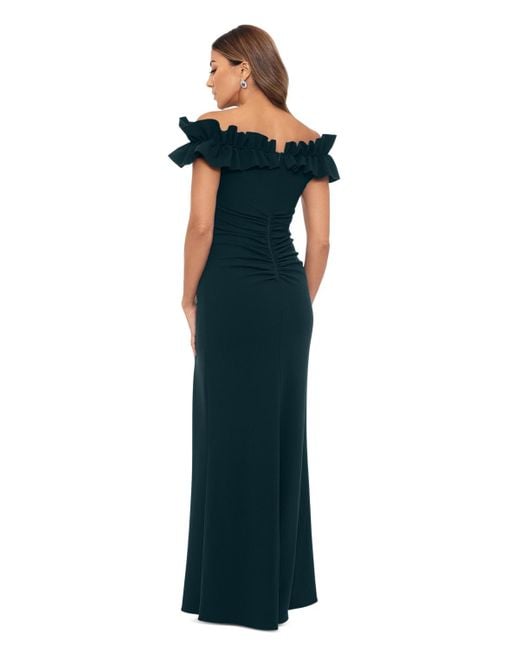 Xscape Ruffled Off-the-shoulder Side-slit Gown in Blue | Lyst