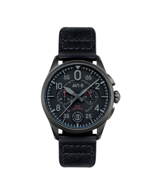 AVI-8 Spitfire Lock Chronograph Leather Strap Watch in Black for Men | Lyst