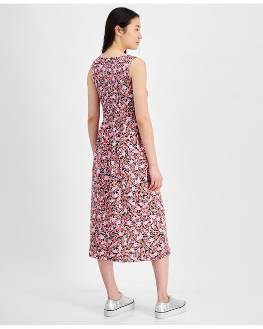 Tommy Hilfiger Floral Print Smocked Sleeveless Midi Dress in Red | Lyst Tommy Hilfiger Floral Print Smocked Sleeveless Midi Dress in Red | Lyst