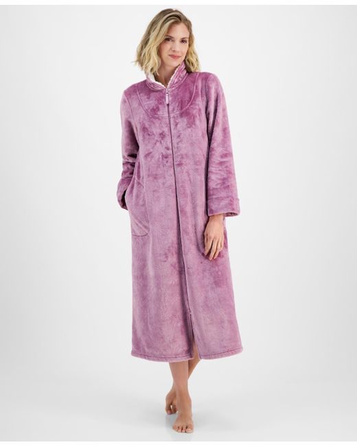Charter Club Long Snowflake Embossed Zip-front Robe in Pink | Lyst