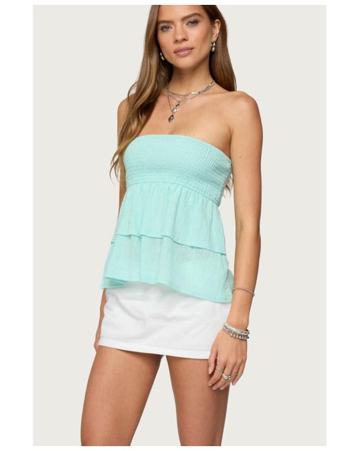 Edikted Harleigh Ruffled Linen Look Tube Top in Blue | Lyst