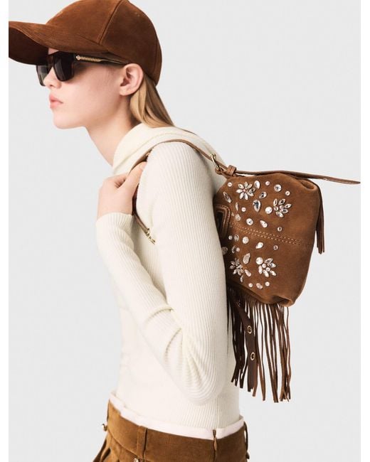 Maje Miss M Micro Suede Bag With Rhinestones in Brown | Lyst UK