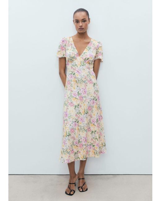 Mango Floral Linen-Blend Dress Ecru in White | Lyst