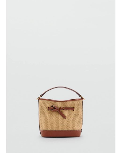 Mango Raffia-Effect Bucket Bag Leather in White | Lyst