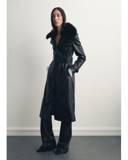 Mango Leather-Effect Coat With Fur Collar in Blue | Lyst UK