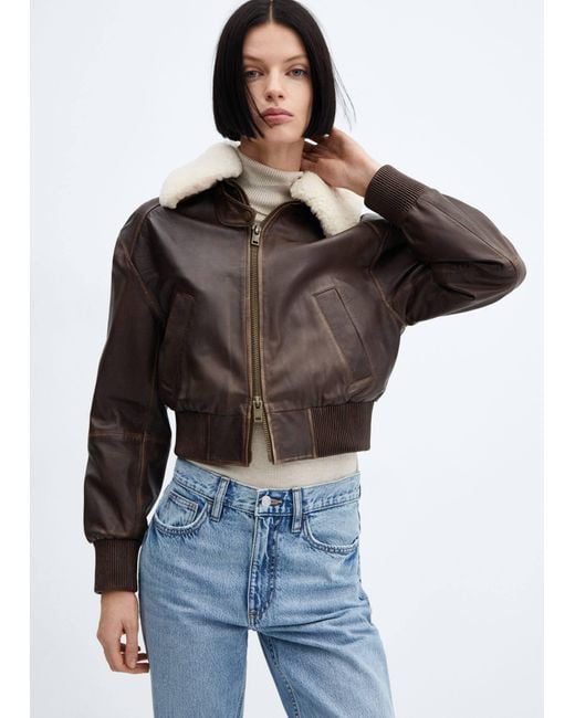Mango Leather Bomber Jacket With Shearling Collar in Brown | Lyst UK