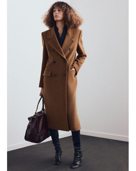 Mango Double-Breasted Wool Coat in Brown | Lyst UK