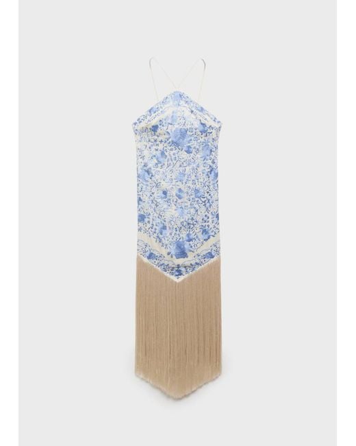 Mango Floral-Embroidered Dress With Fringe Detail in Natural | Lyst